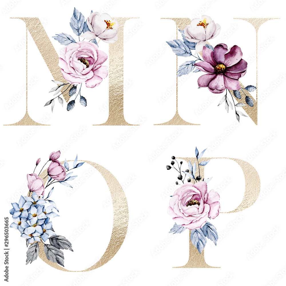 Floral alphabet, gold letters with watercolor pink and blue flowers and ...