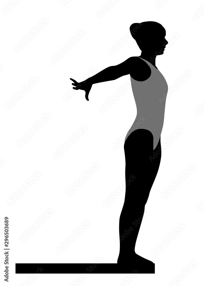 Woman diver swimmer standing on edge of springboard preparing to jump ...