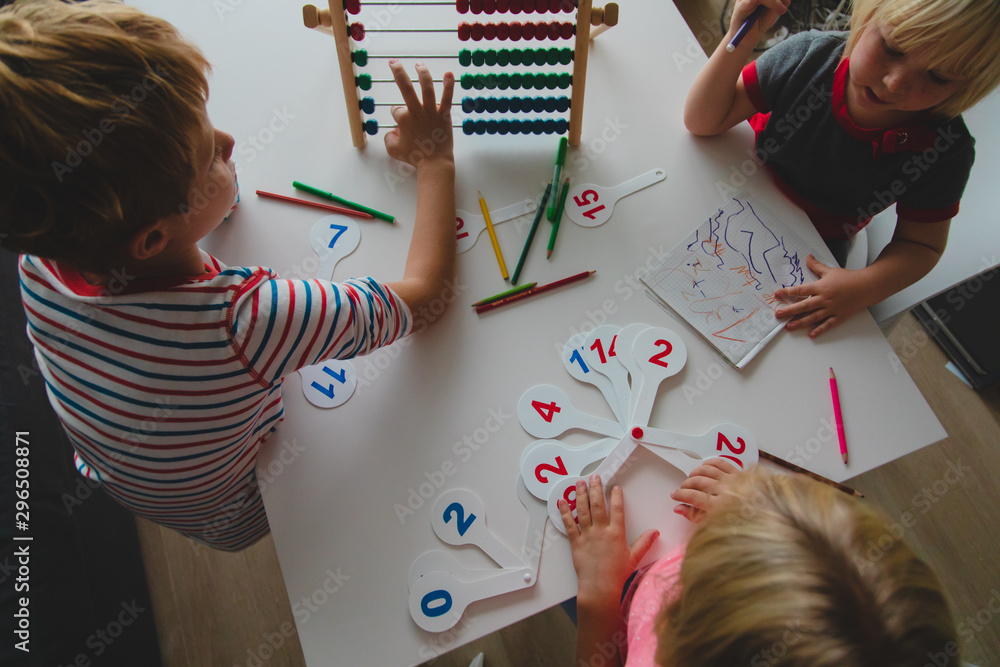 kids learning numbers, abacus calculation, children study math Stock ...