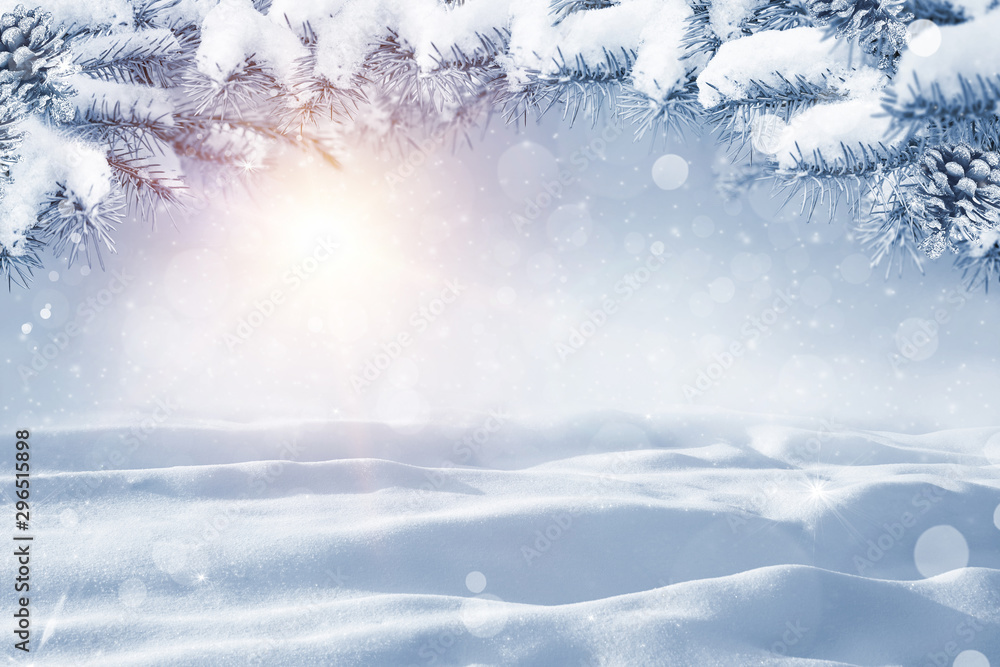 Winter Christmas scenic background with copy space. Morning Snow ...