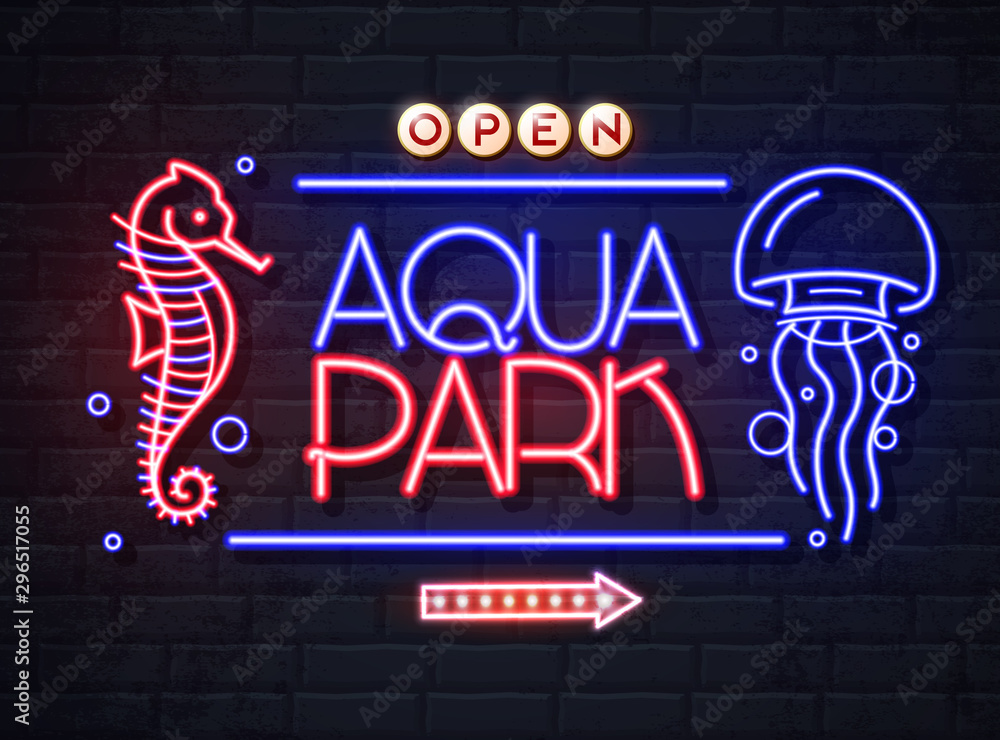Neon sign aqua park with sea hourse and jellyfish. Vintage electric ...