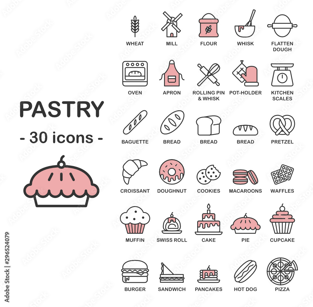 Pastry and Bakery Set - 30 Simple Linear Icons Stock Vector | Adobe Stock