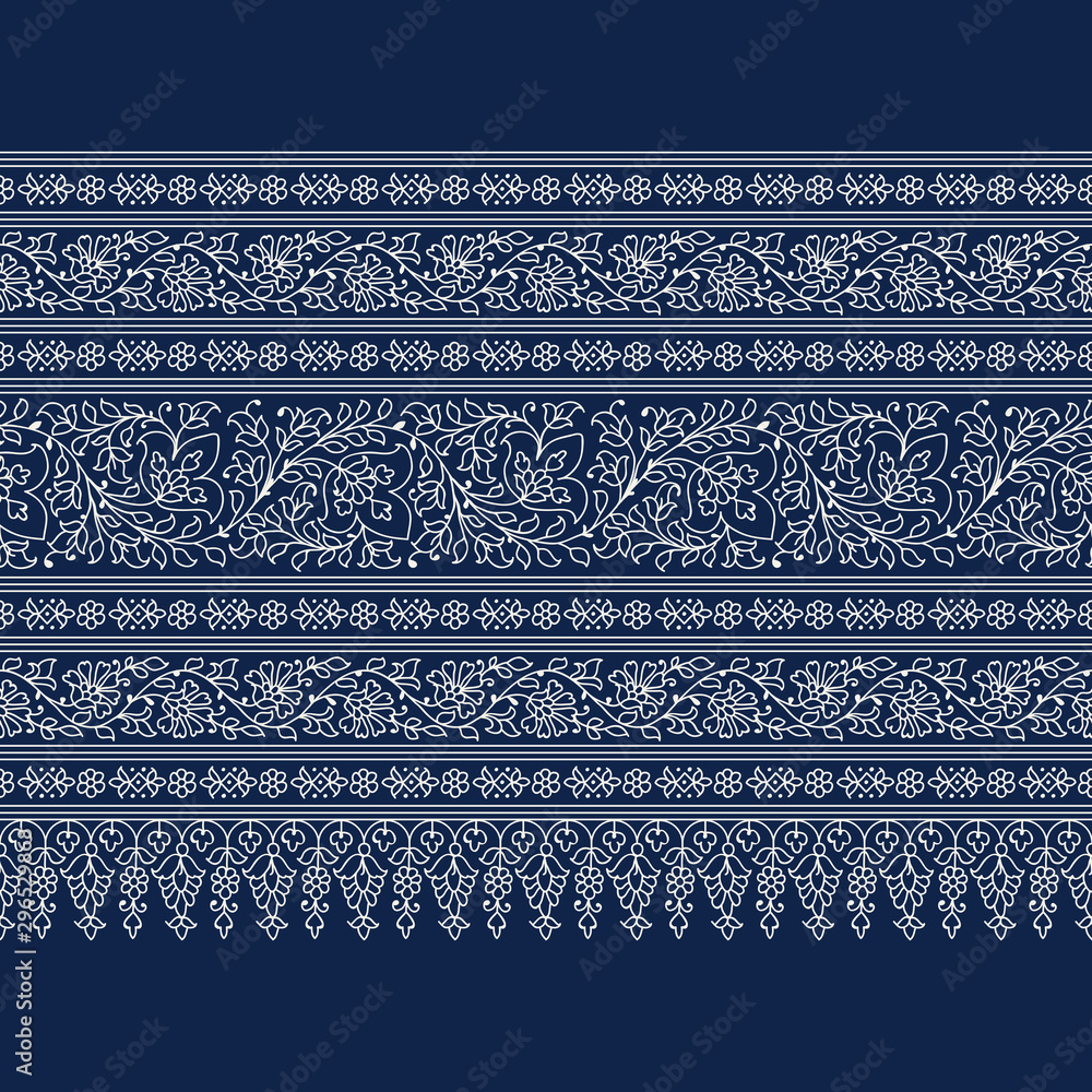 Luxury woodblock printed indigo dye seamless ethnic floral geometric ...