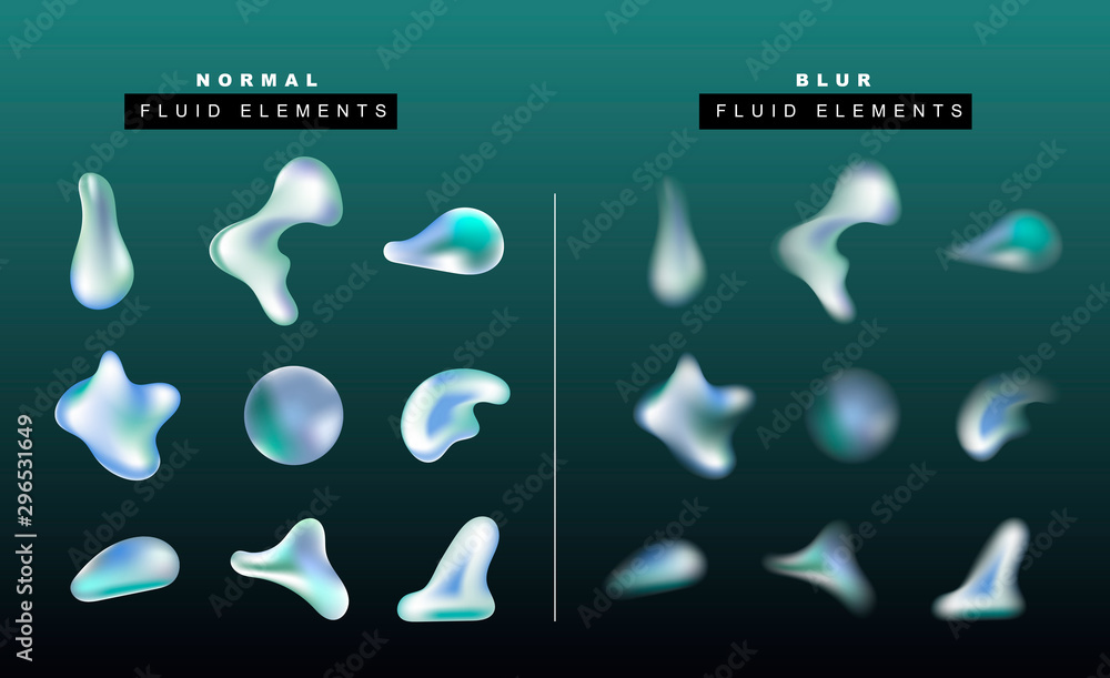 Vector set of realistic liquid drop. Fluid effect blurry shapes ...