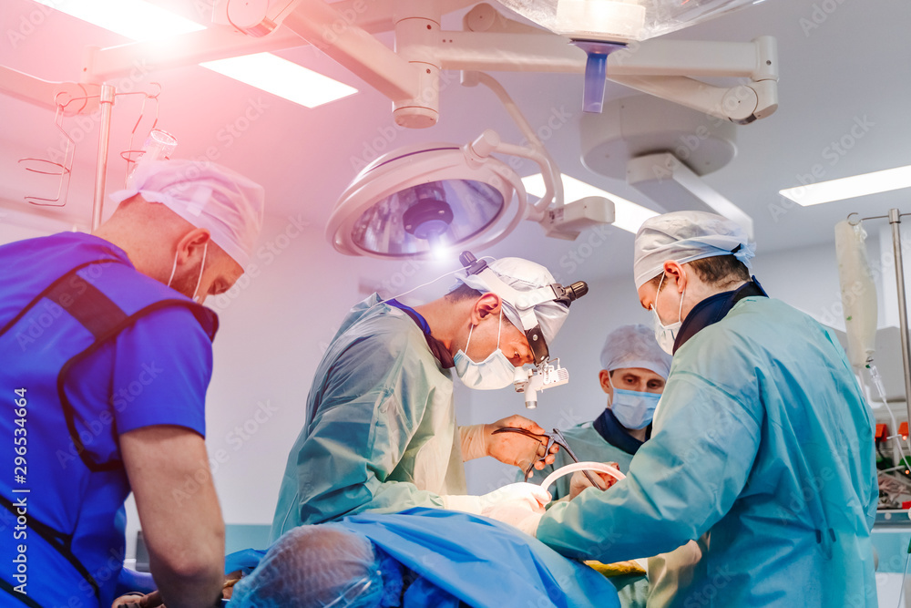 Process of surgery operation using laparoscopic equipment. Group of ...