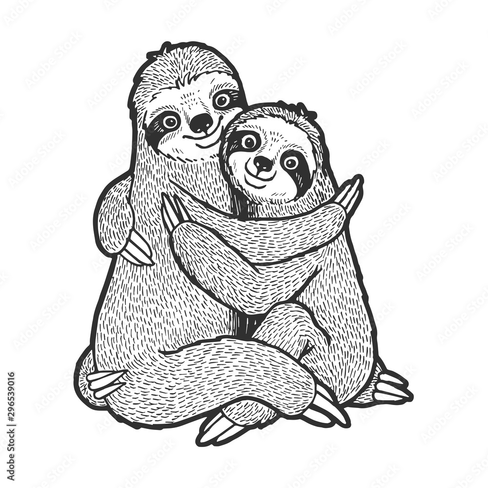 Sloth love couple hug sketch engraving vector illustration. T-shirt ...