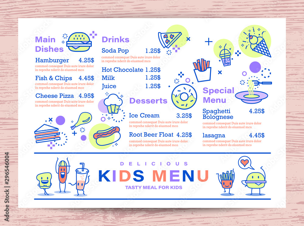 Cute colorful kids meal menu place mat design template. outline food ...