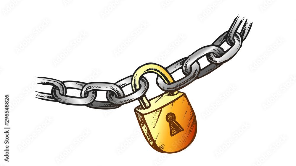 Steel Chain And Brass Padlock Vector. Lock And Iron Chain. Linked ...