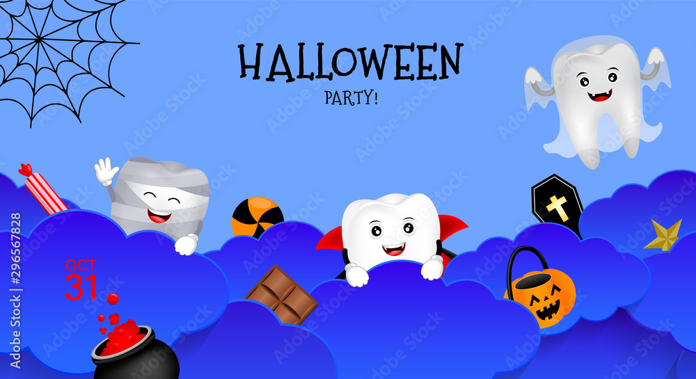 Funny cartoon Halloween tooth character with night clouds. Dracula ...