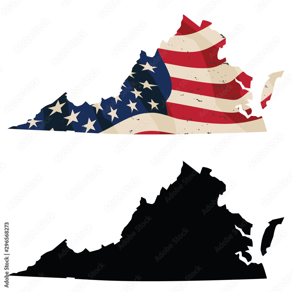 Virginia with aged USA flag embedded and black silhouette isolated ...