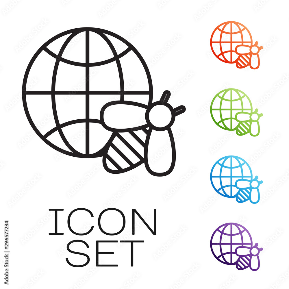 Black line Honeycomb map of the world and bee icon isolated on white ...