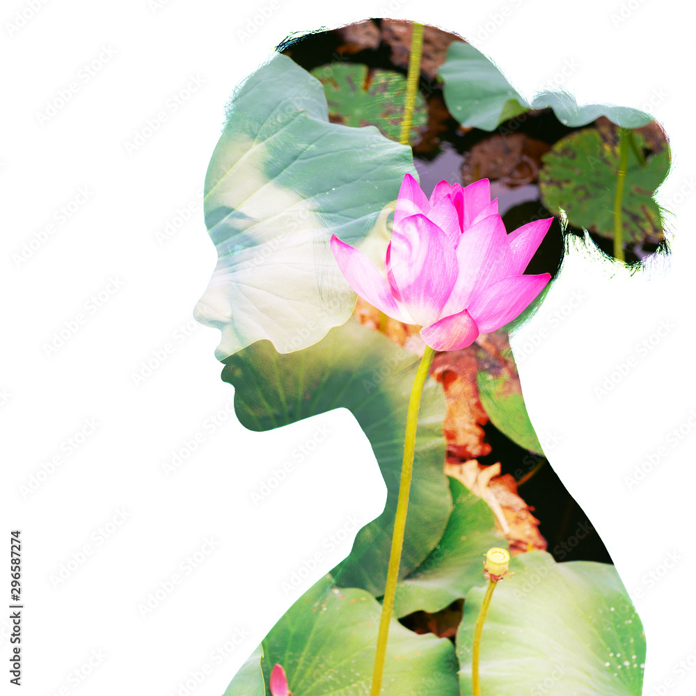 Double exposure portrait of beautiful girl in profile. Young woman and ...