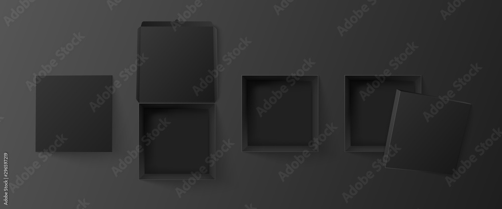 Black square box top view. Empty cube package, pizza packaging mockup ...