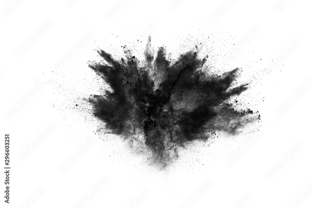 Closeup of black dust particles explode isolated on white background ...
