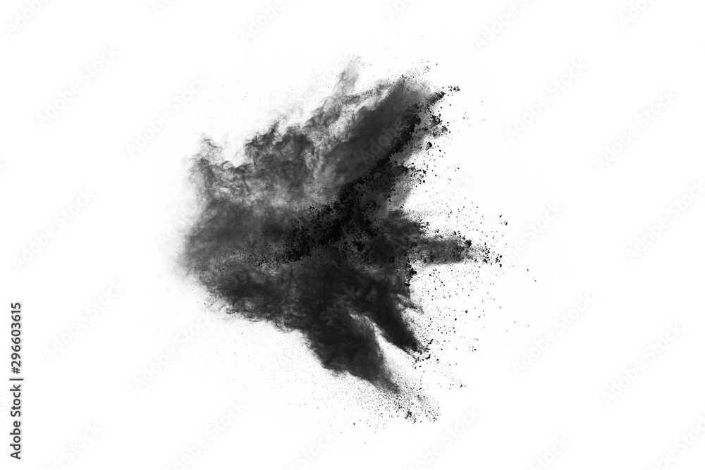 Closeup of black dust particles explode isolated on white background ...
