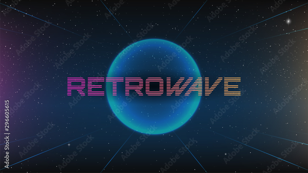 Retrowave background. Synthwave 80 s style dark banner. Blue lines with ...