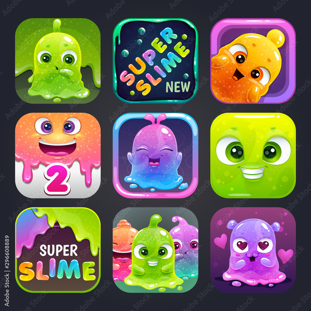 Funny cartoon colorful app icons for slime game logo design. Stock ...