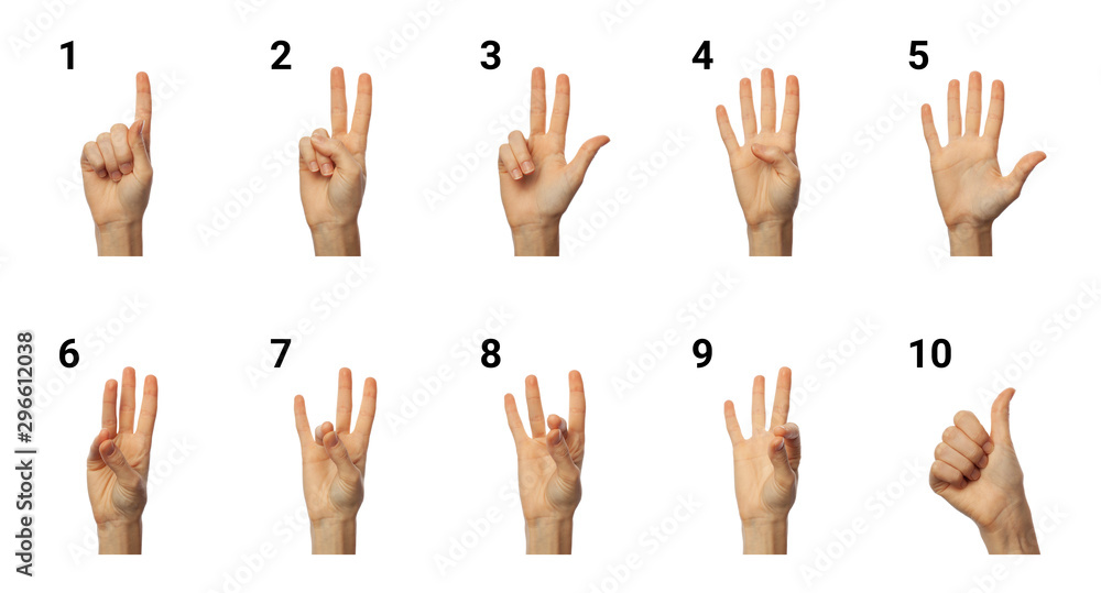 Finger spelling numbers from 1 to 10 in American Sign Language on white ...