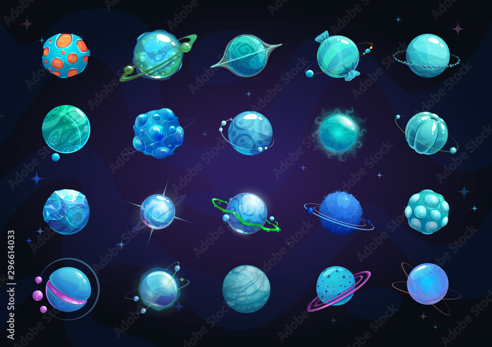 Cartoon blue planets set. Funny fantasy planet on cosmic background ...
