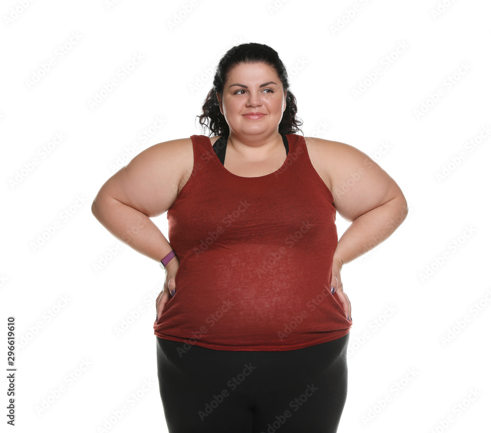 Happy overweight woman posing on white background Stock Photo | Adobe Stock