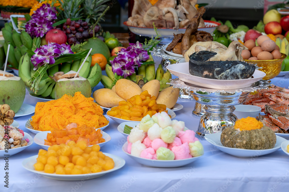 Sacrificial offering food for pray to god and memorial to ancestor ...