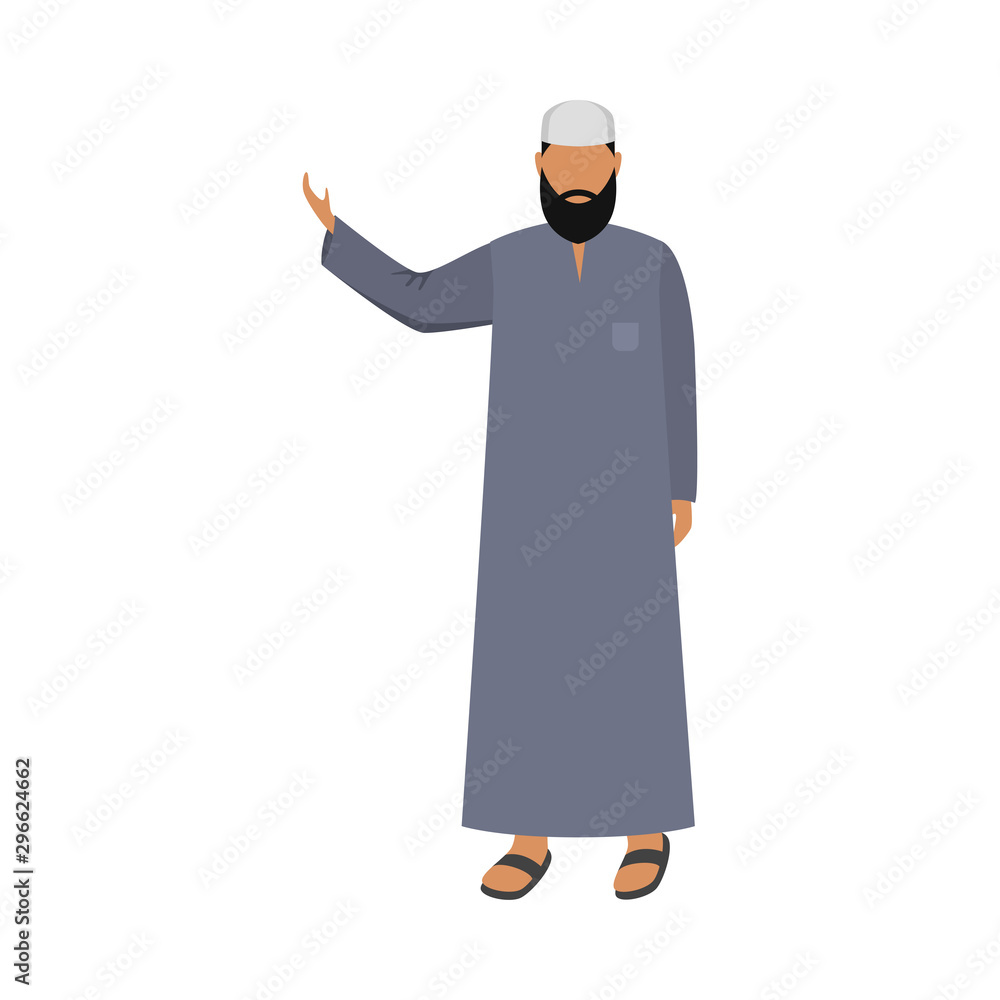 Arab man in traditional ethnic grey wear. Vector illustration in flat ...