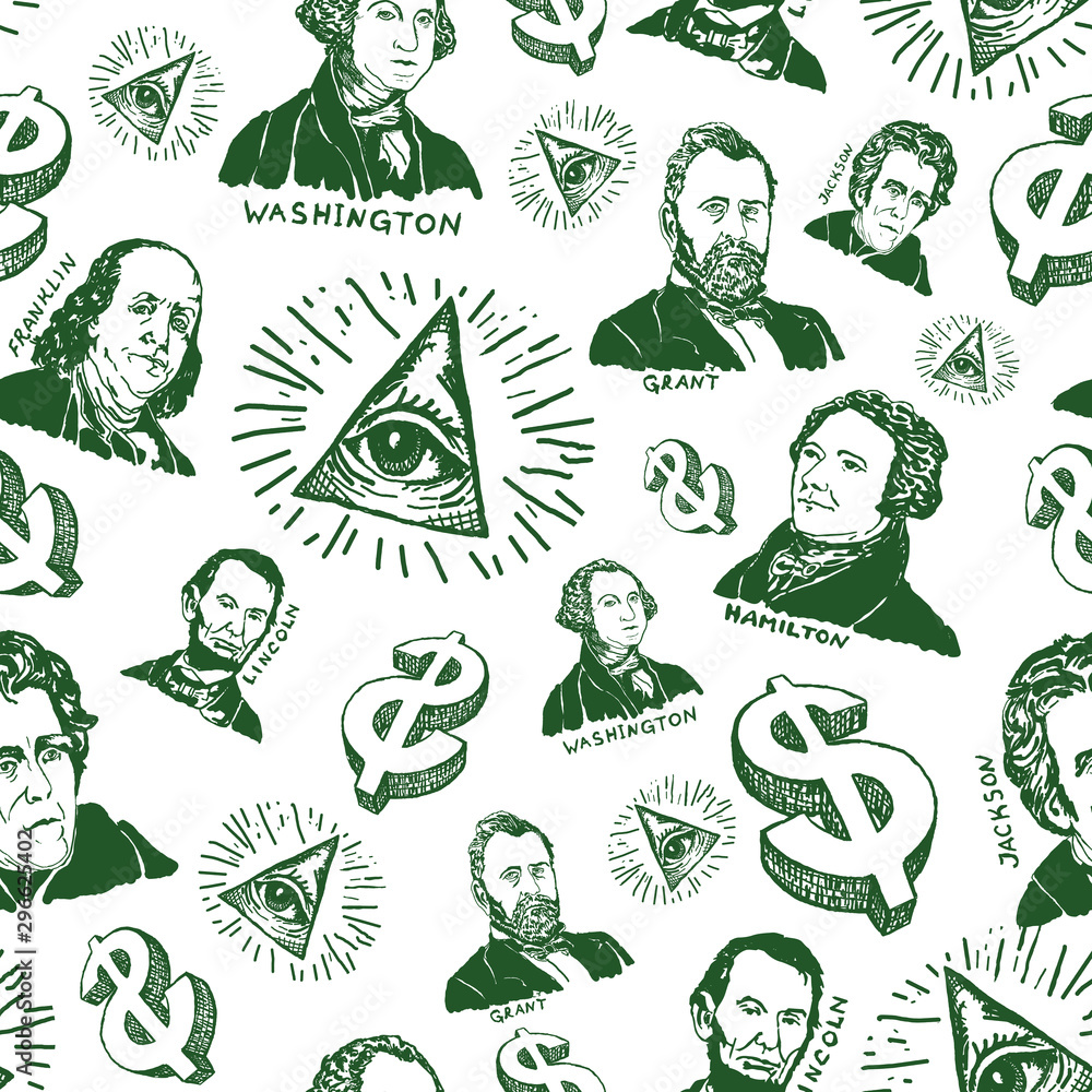 Seamless pattern hand drawn with gravure of presidents portraits on ...