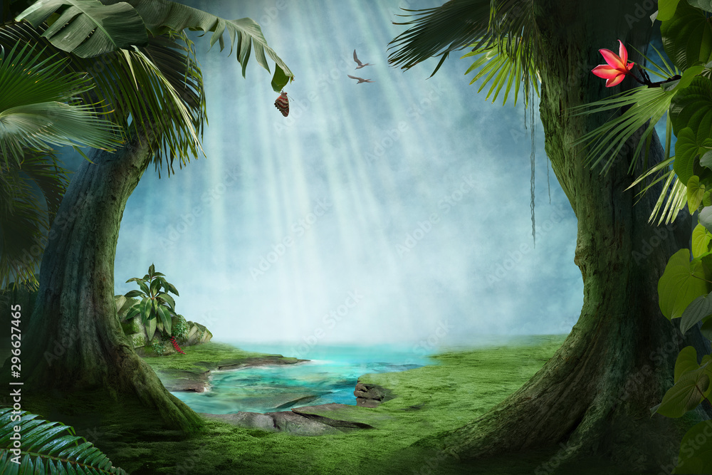 beautiful jungle beach lagoon view with palm trees and tropical leaves ...