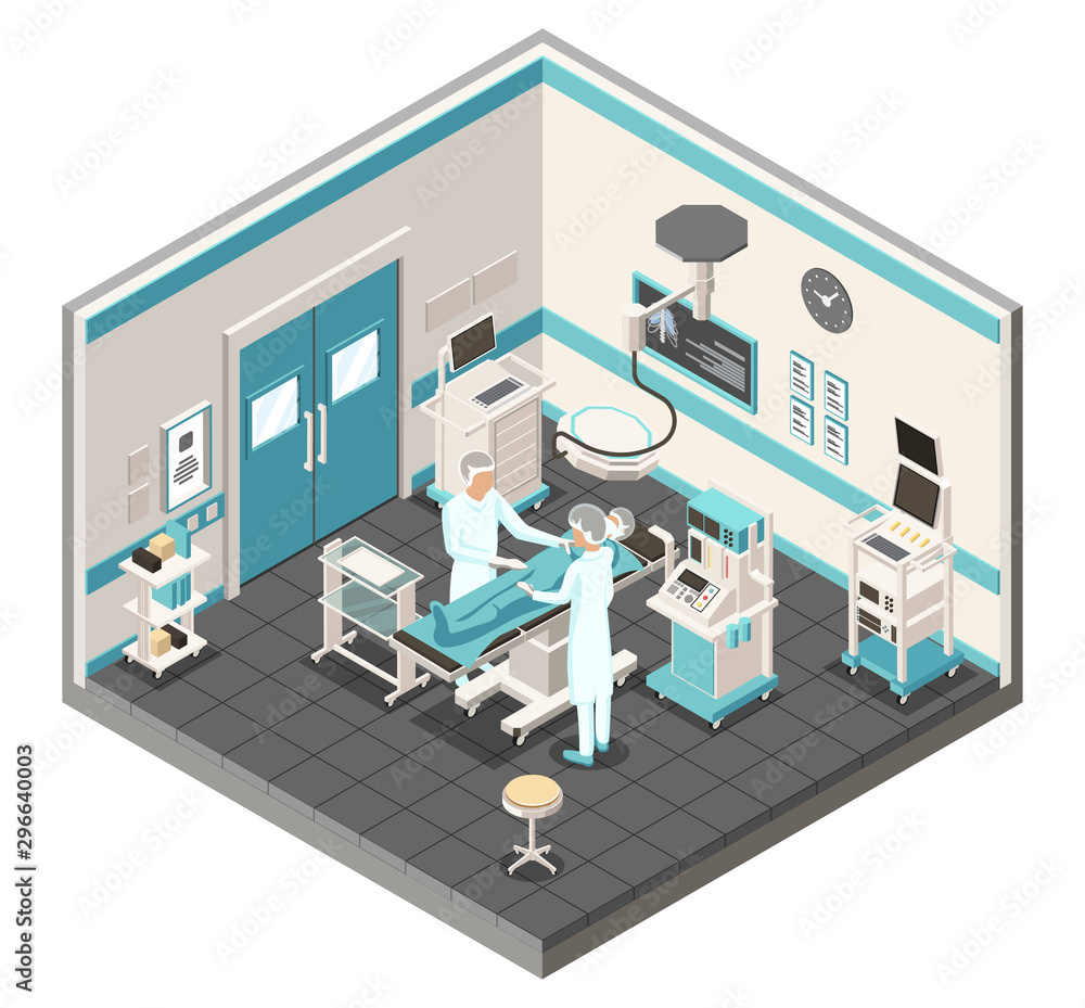 Isometric medical concept. Interior of modern Surgery Department. Stock ...