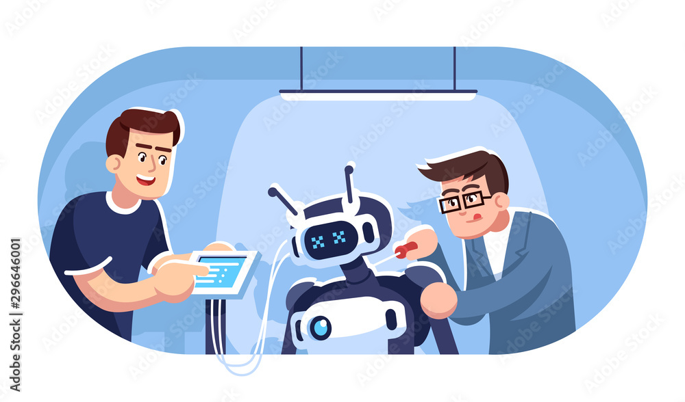 Engineers creating robot flat vector illustration. Robotics courses ...