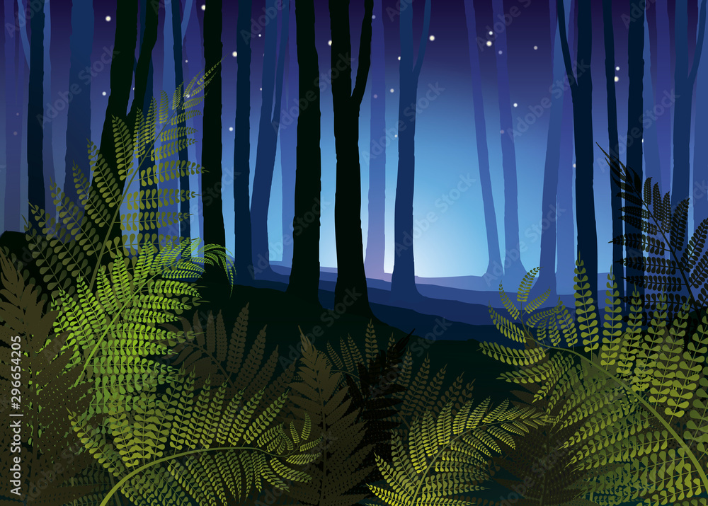 Foggy forest with forest fern vector illustration. Tree trunks in blue ...