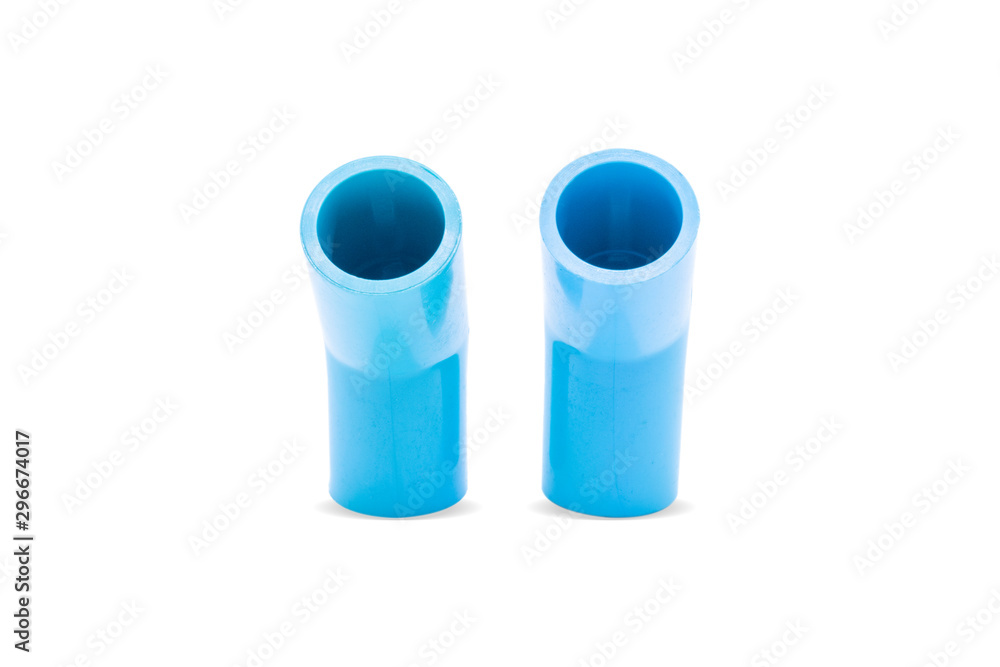 PVC blue pipe elbow 45 degree connect fitting isolated white background ...