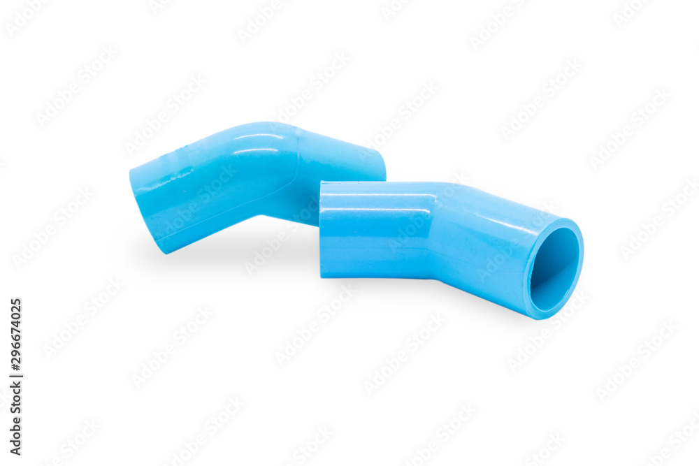 PVC blue pipe elbow 45 degree connect fitting isolated white background ...