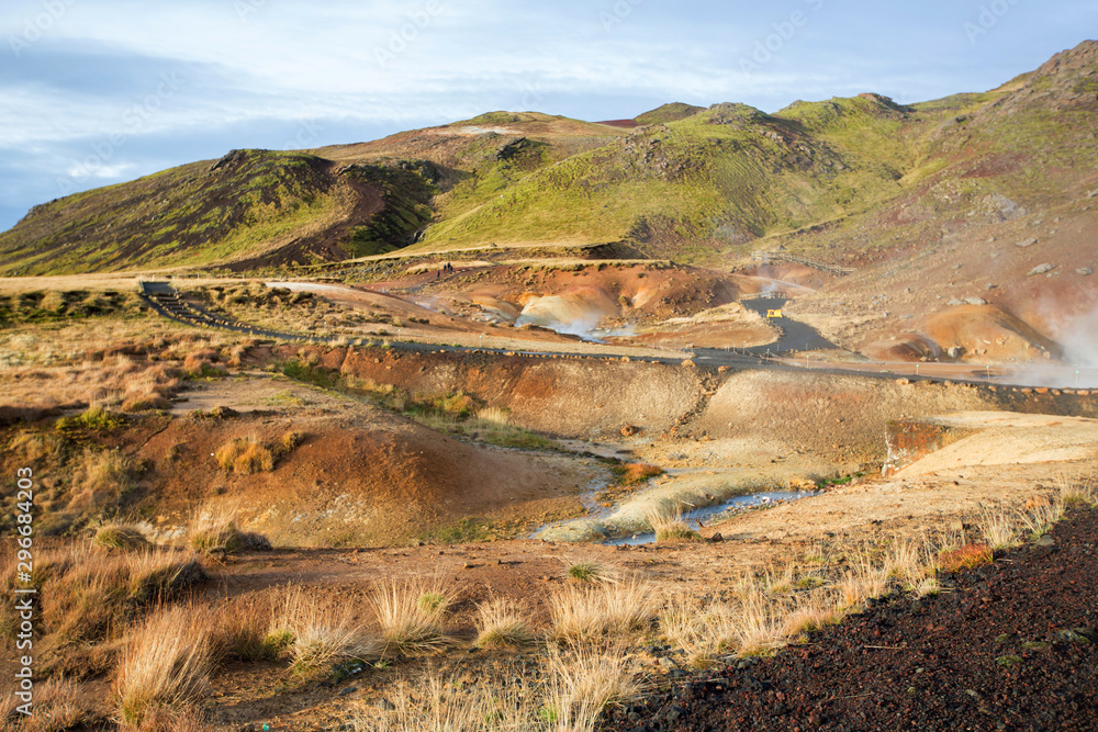 Geothermal area in Krysuvik on early sunny morning, Southern Peninsula ...