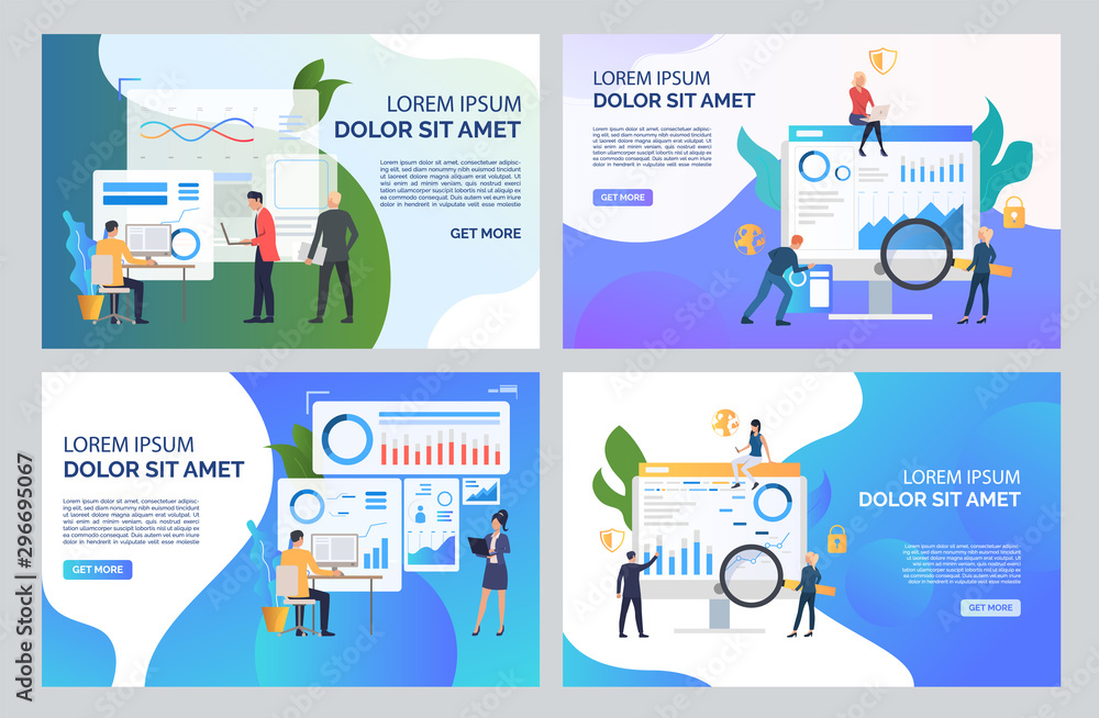 Presenting reports illustration set. Professionals presenting graphs ...