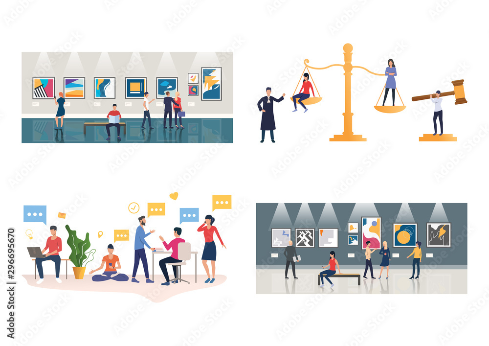 Art galleries illustration set. People visiting exhibition, looking at ...
