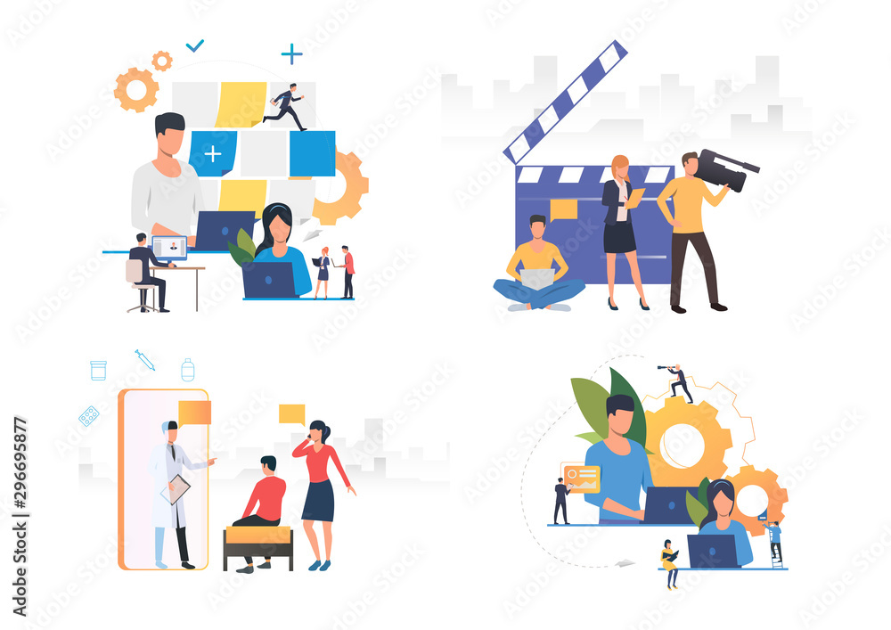 Digital communication illustration set. People working on computers ...