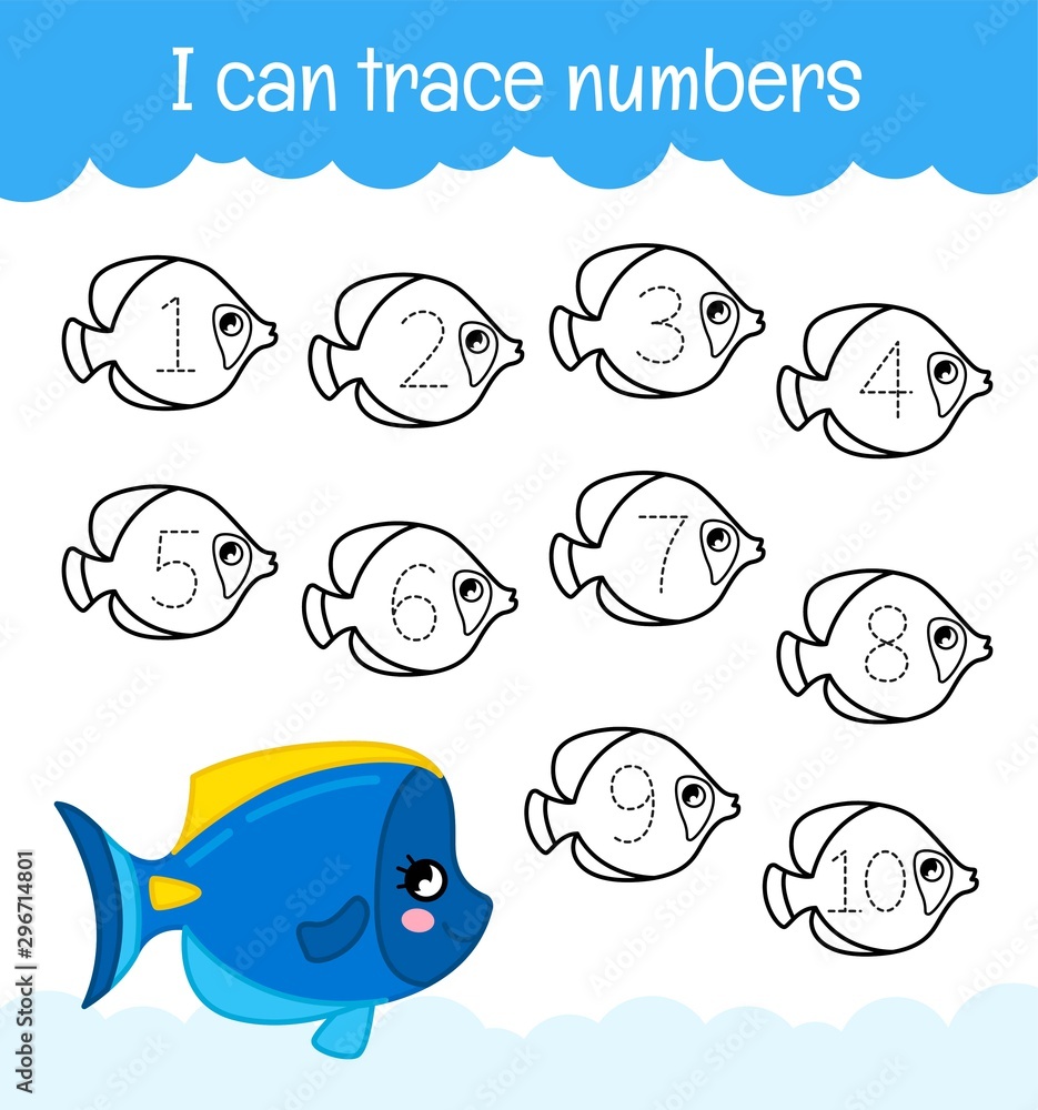 Handwriting practice sheet. Learning numbers 1-10. Educational game for ...