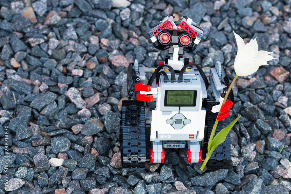 Minsk, Belarus. February, 2017: Teenager schoolboy constructs and ...