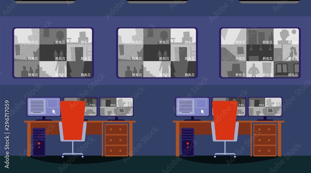 Empty security room interior with double computer desk with big monitor ...