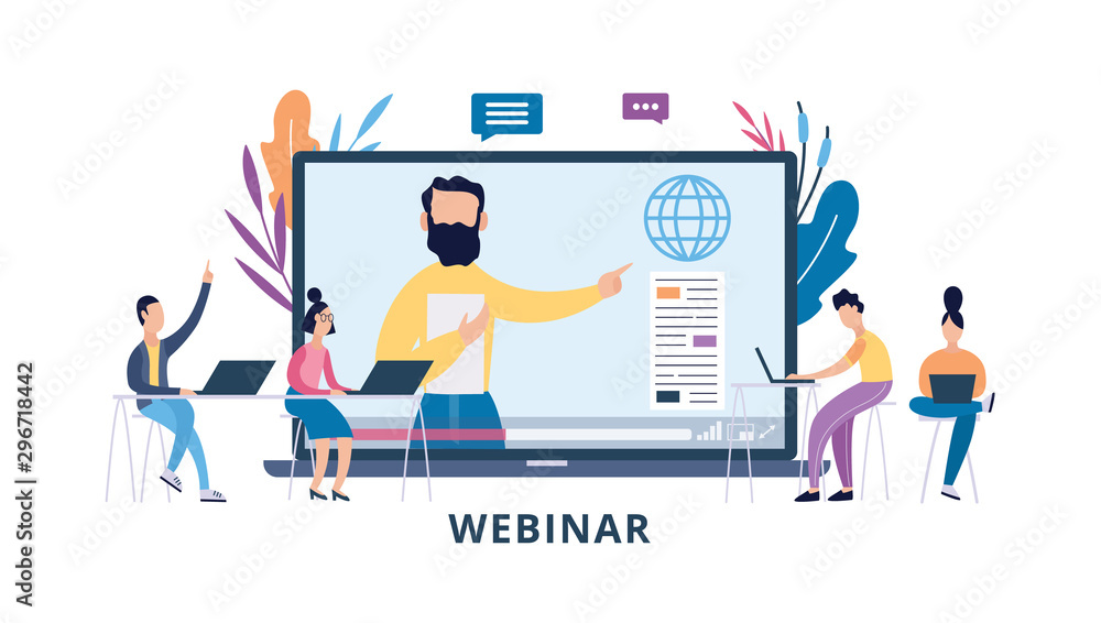 Vecteur Stock Online webinar or seminar with cartoon people flat vector ...
