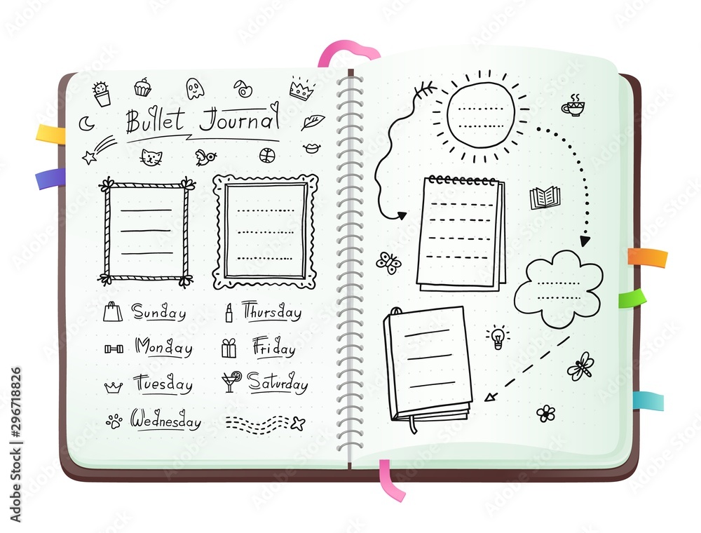 Bullet Journal Pages With Doodle Drawings And Week Layout Vector De