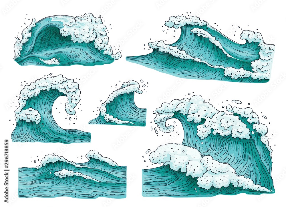 Set of hand drawn ocean water waves cartoon vector illustrations ...