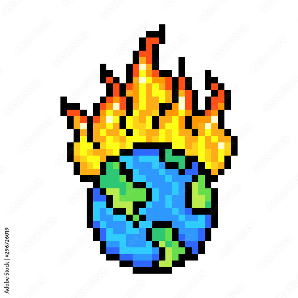Burning planet Earth, 8 bit pixel art icon isolated on white background ...