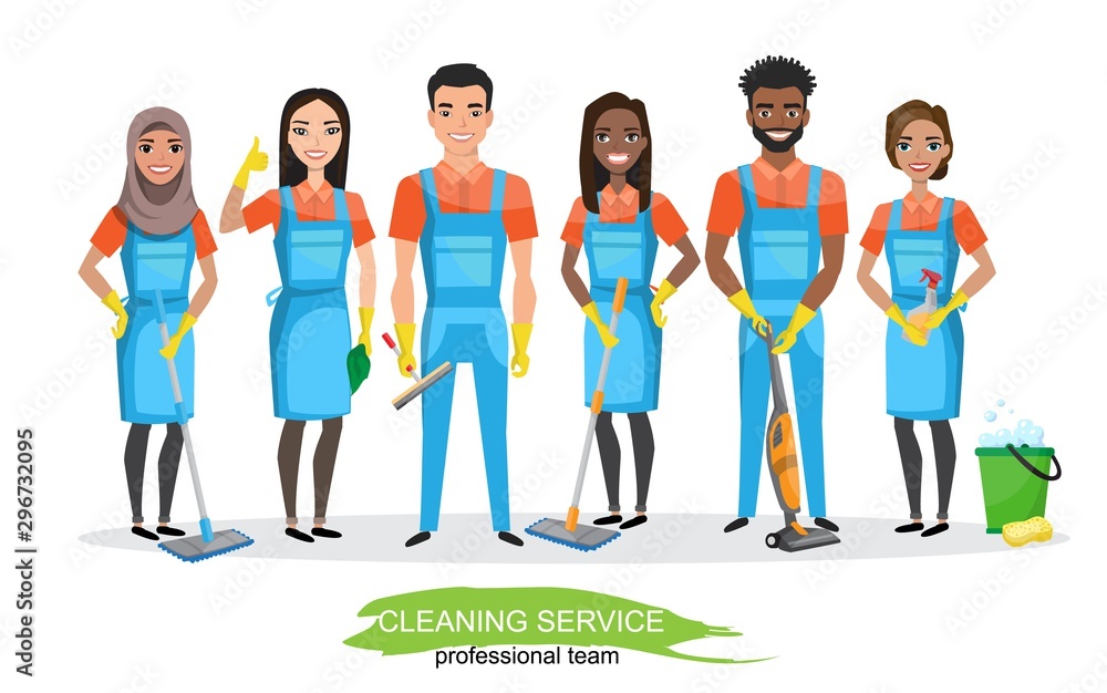 Professional cleaners team. Young multiracial smiling people are ...