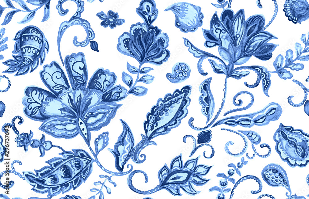 Hand drawn watercolor blue paisley seamless pattern for design. Water ...