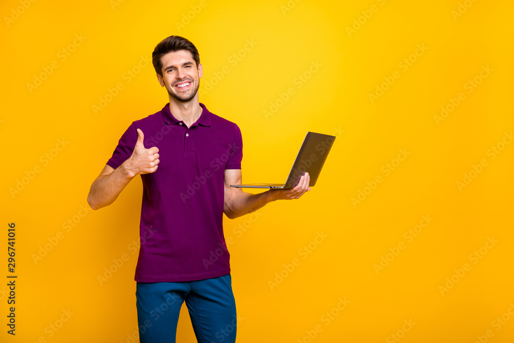 Photo of cheerful positive nice attractive man showing you thumb up ...