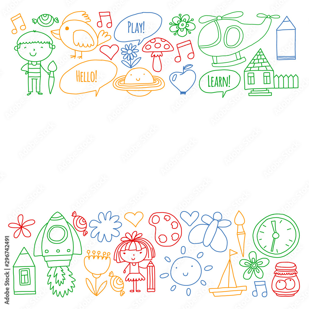 Vector pattern with little children. Kindergarten, play and grow ...