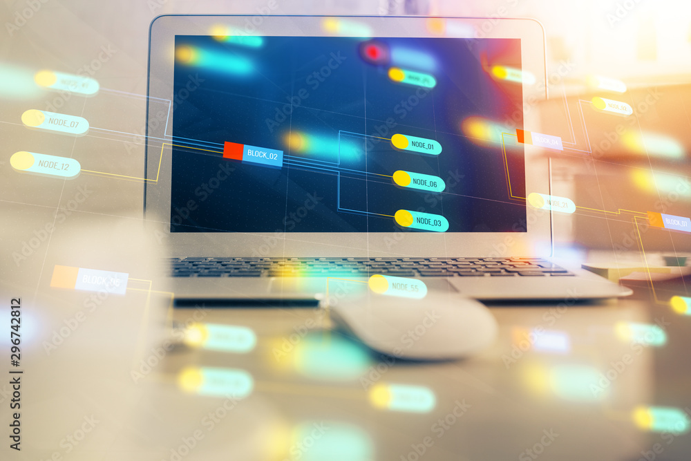 Technology theme drawing and work space with computer. Multi exposure ...