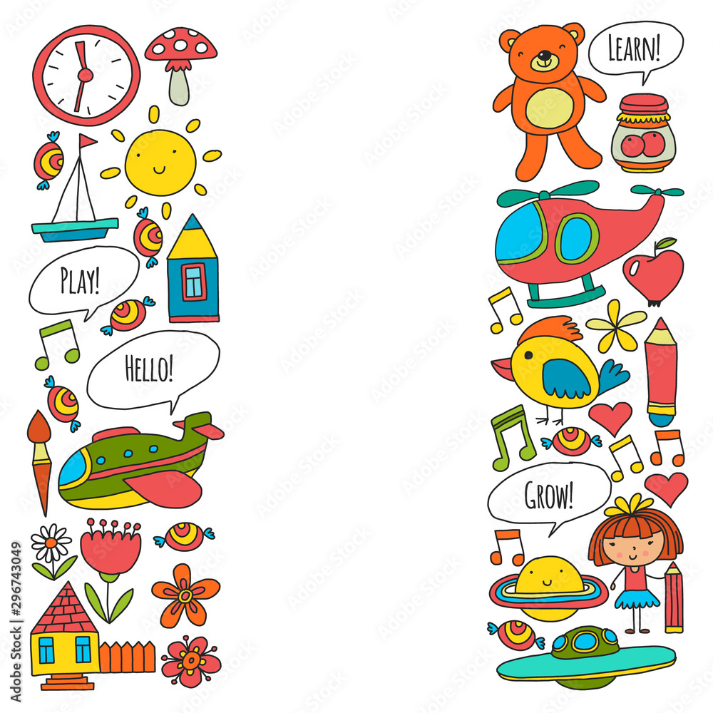 Vector pattern with little children. Kindergarten, play and grow ...
